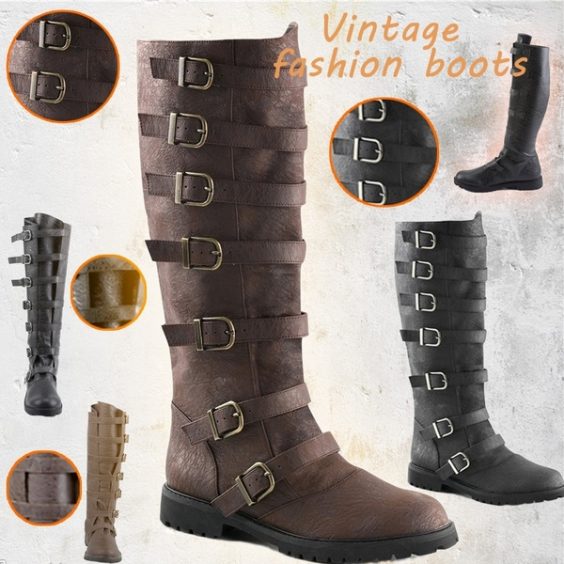 BOTA Punk homem retro puxar fivela multi-fivela botas até o joelho ...